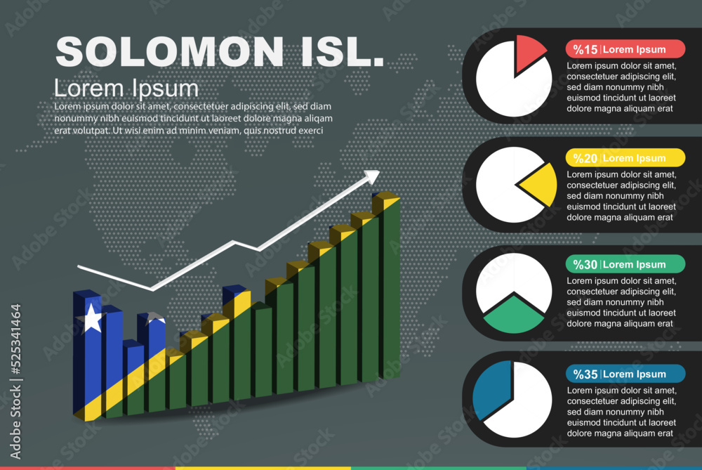 Solomon Island infographic with 3D bar and pie chart, increasing values ...