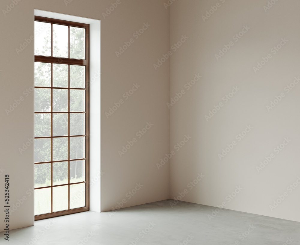 White empty room with panoramic floor to ceiling windows. Concrete ...