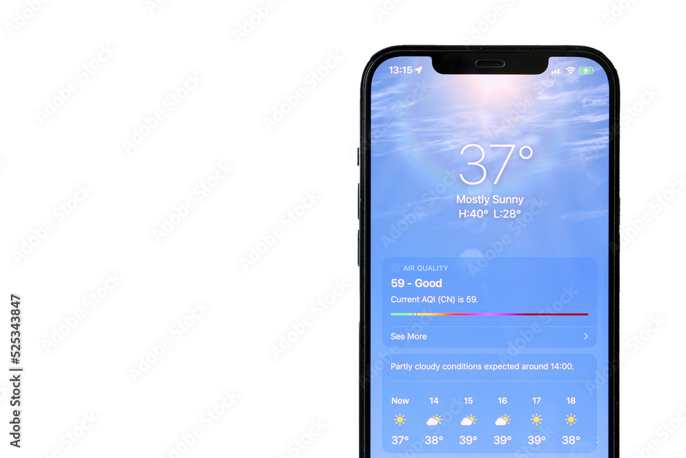 Summer hot weather concept. 37 degrees sunny shown on weather app of ...
