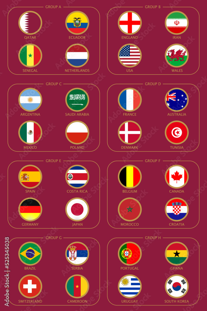 Country flags participation football world tournament 2022. Group stage ...