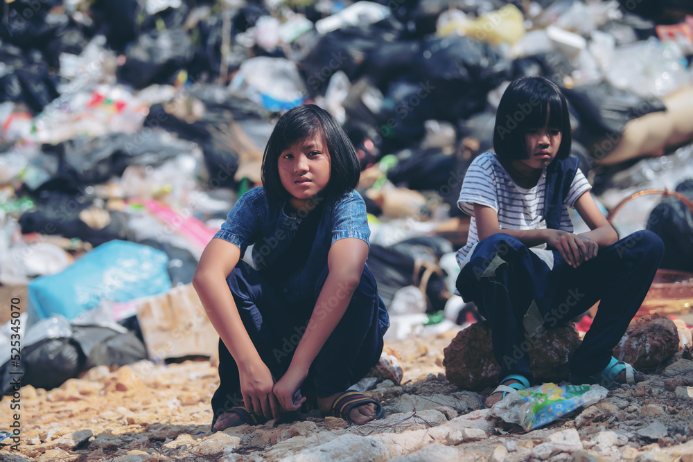 Poor children collect garbage for sale,, the concept of pollution and ...
