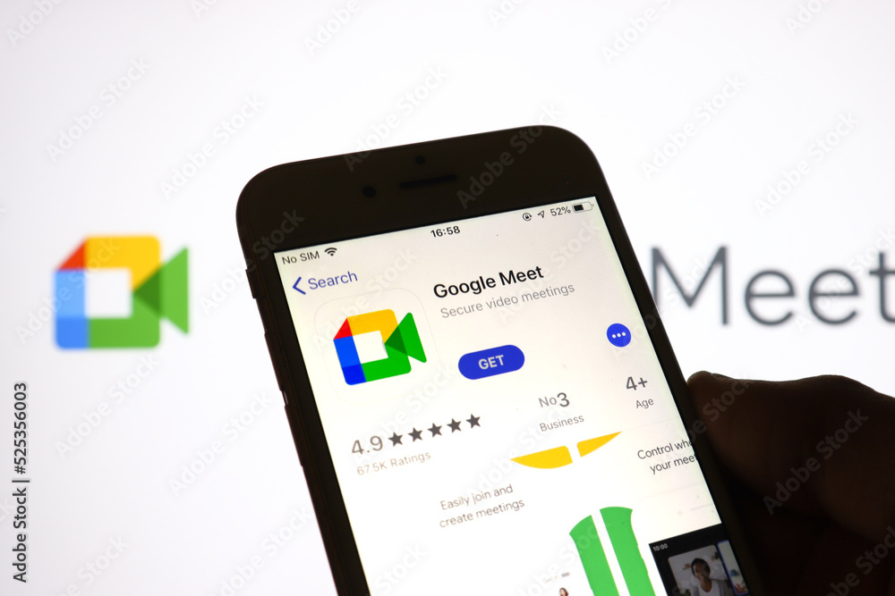 Google Meet application on phone screen and logo Google Meet background ...