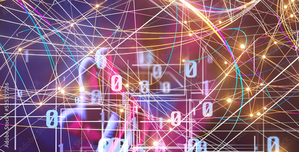 Global network. Blockchain. 3D illustration. Neural networks and ...