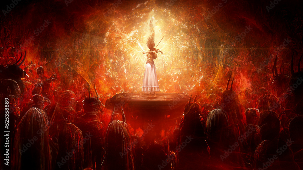 Poster, Foto A beautiful angel girl with glowing wings plays the violin ...