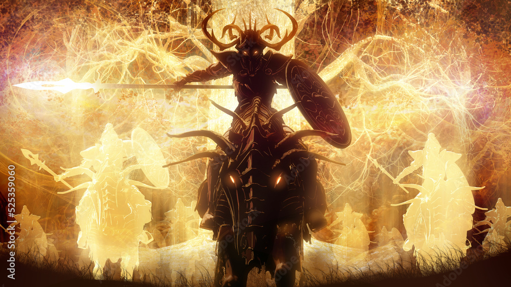 Sinister knight guardian of an ancient forest with sacred trees rushes ...