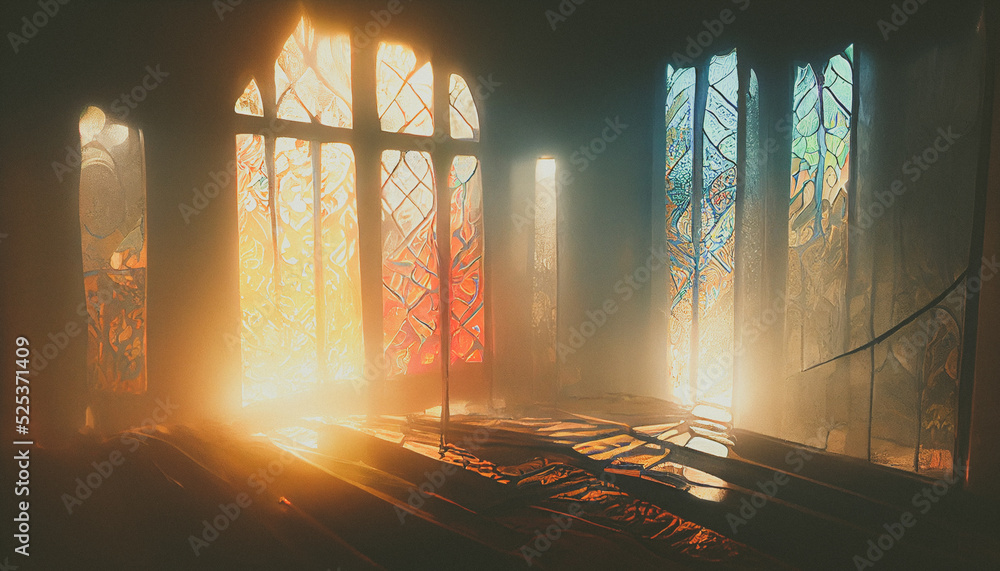 Rainbow Light swing through a stained glass window church. Digital art ...