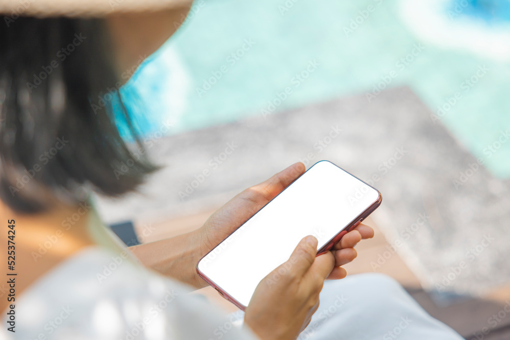 Close-up woman of Left hand held, right hand use finger touches with ...