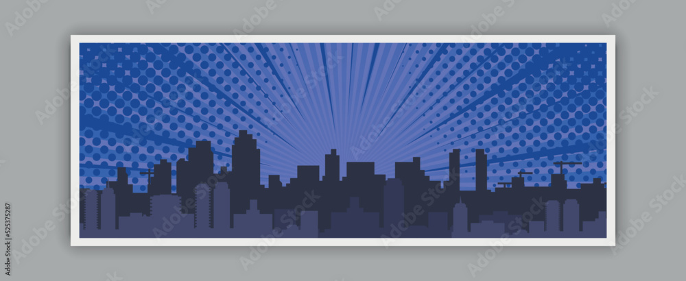 Night cityscape comic background with dark city blue radial rays and ...