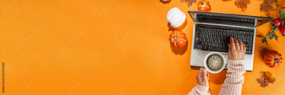 Cozy fall background with laptop Stock Photo | Adobe Stock