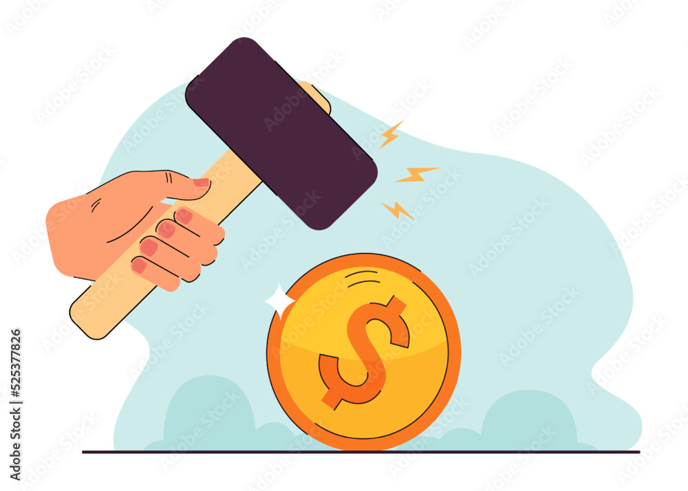 Hand of person hitting big gold coin with hammer. Hammer smashing ...