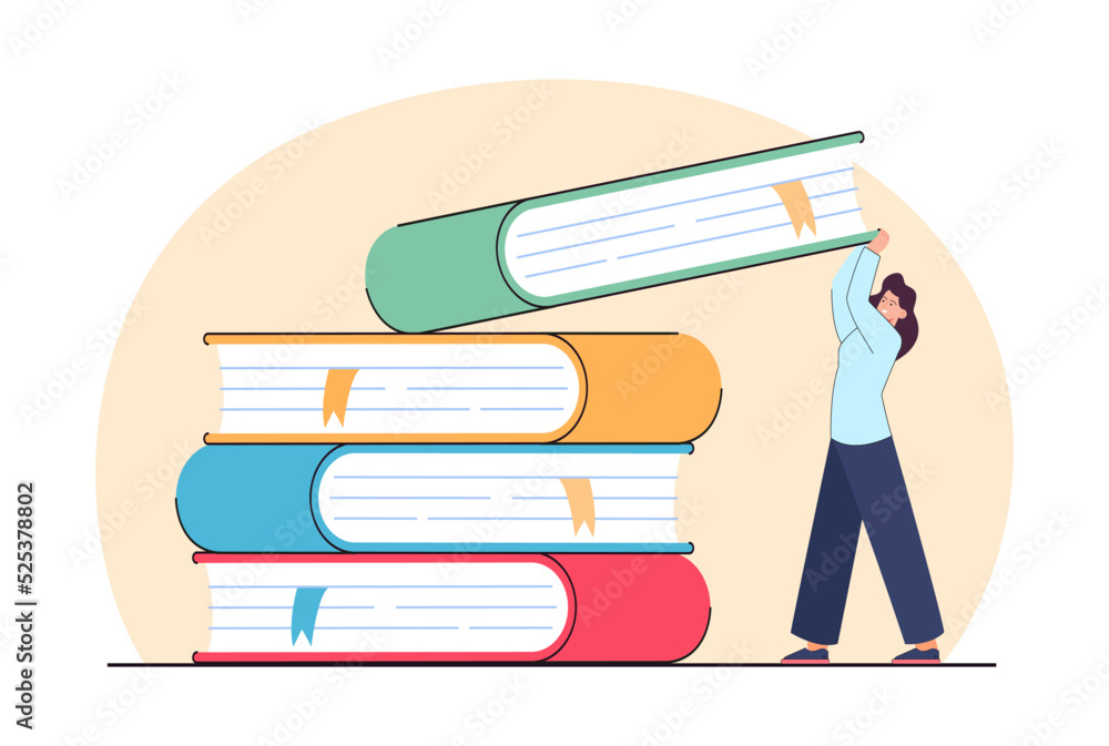 Tiny female student taking huge book off stack. Cartoon woman with big ...