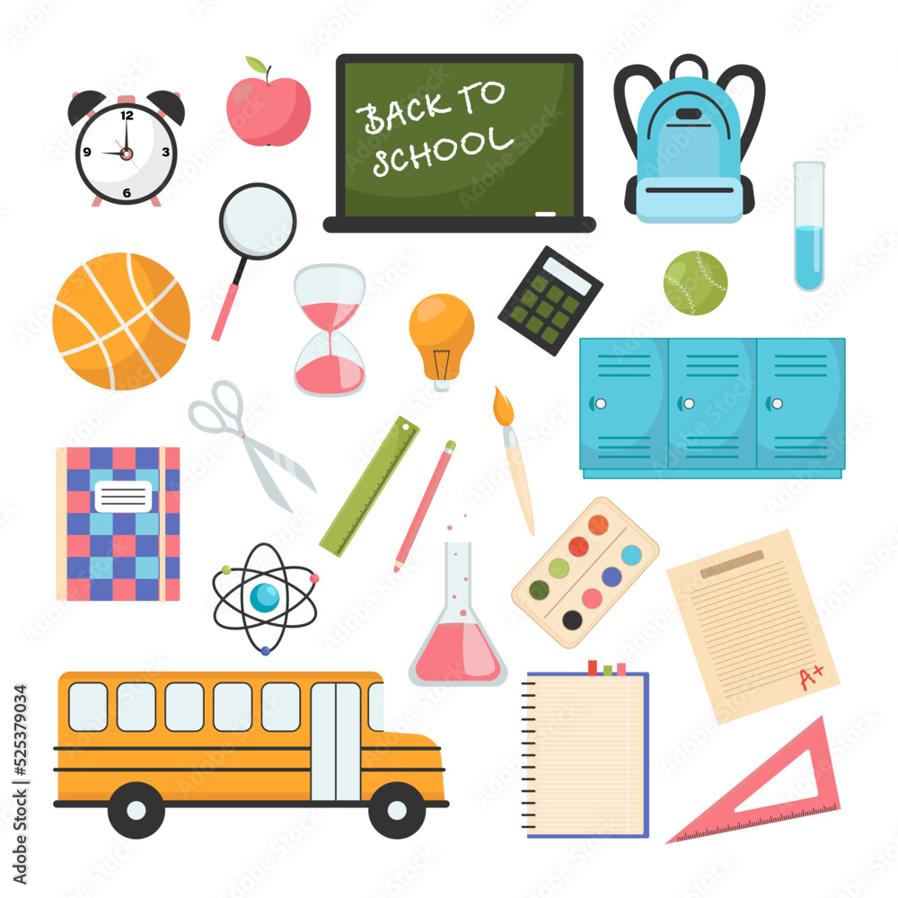 Different studying elements or items vector illustrations set. Cartoon ...