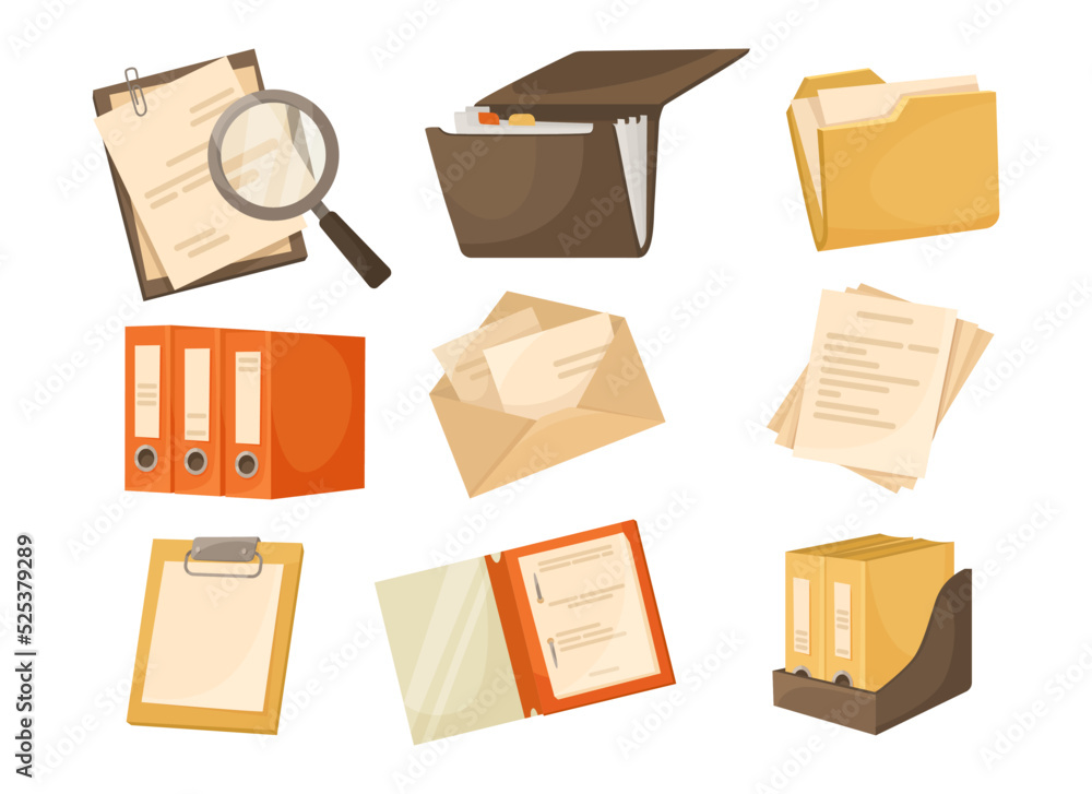 Folders with files or documents vector illustrations set. Data storage ...