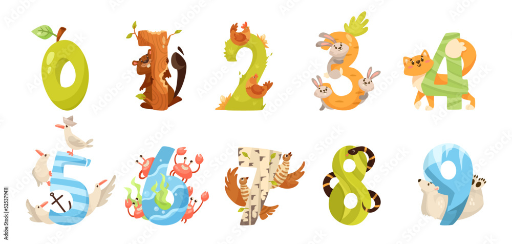 Animal cartoon characters with numbers vector illustrations set. Funny ...