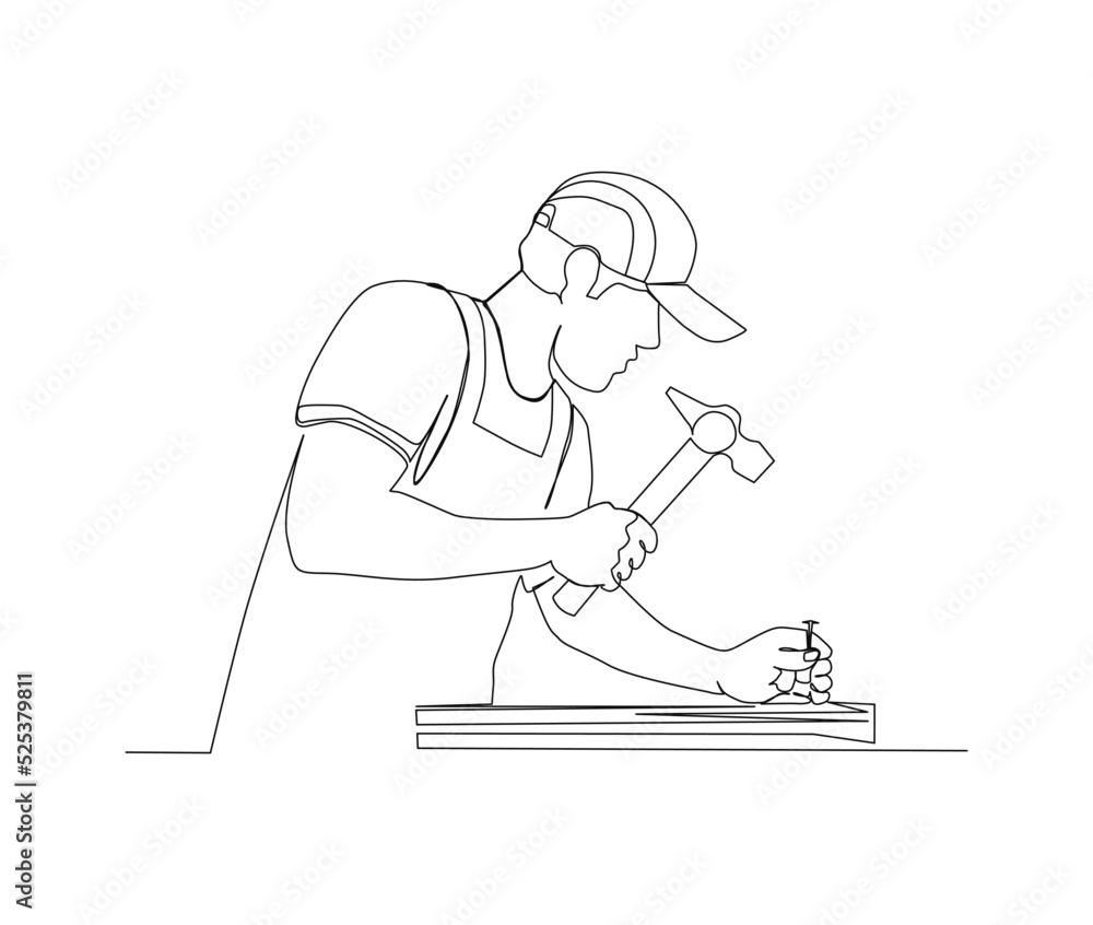 Continuous line drawing of carpenter holding saw. Carpenter line art ...