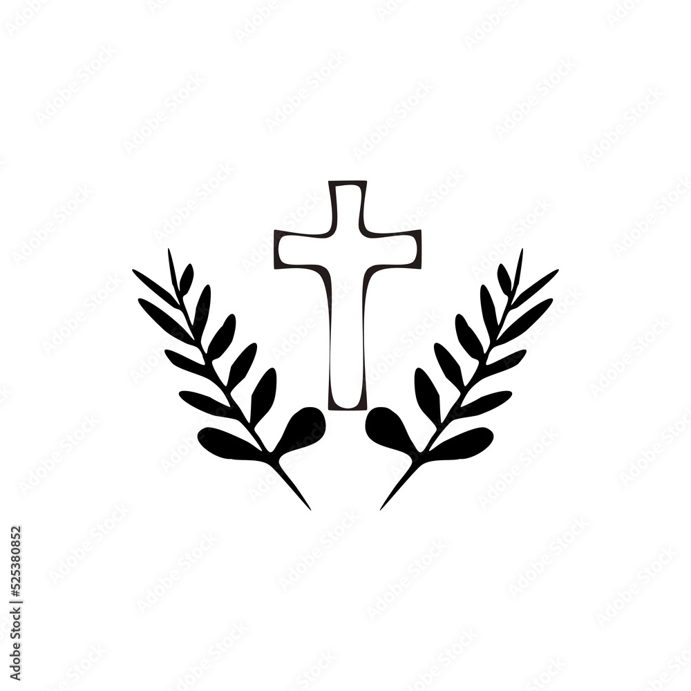 Cross religious Funeral design with branches hand drawn Stock Vector ...