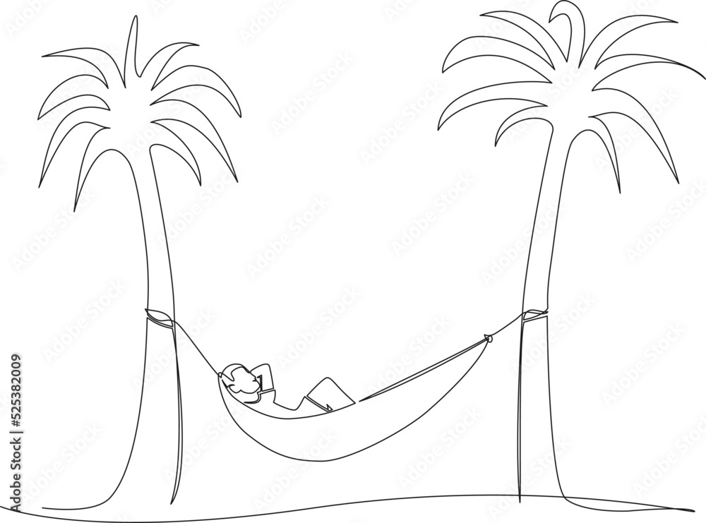 continuous single line drawing of person relaxing in hammock between ...