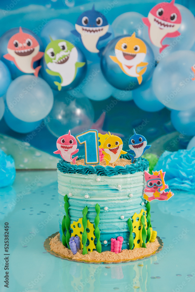 Baby shark character Birthday cake covered with american buttercream ...
