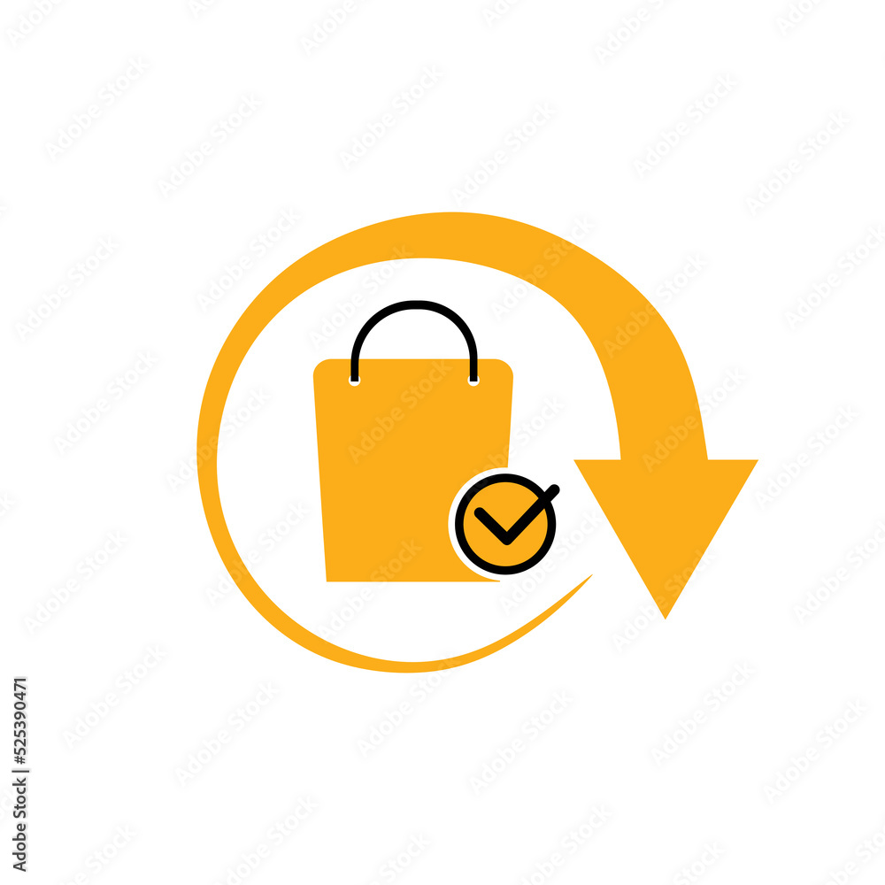 Product return symbol. arrow circle inside shop symbol with check mark ...