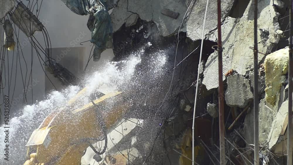 Slow motion of falling down broken roof tiles and planks during ...