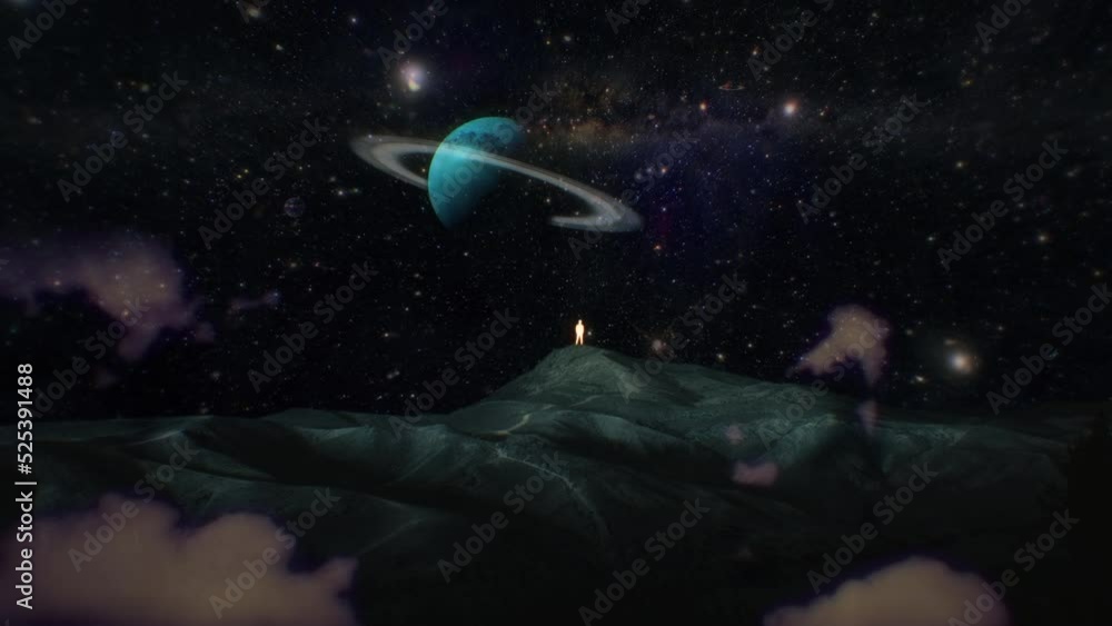 Outer Space Planet Surface Being Looking Saturn. Light being on top of ...