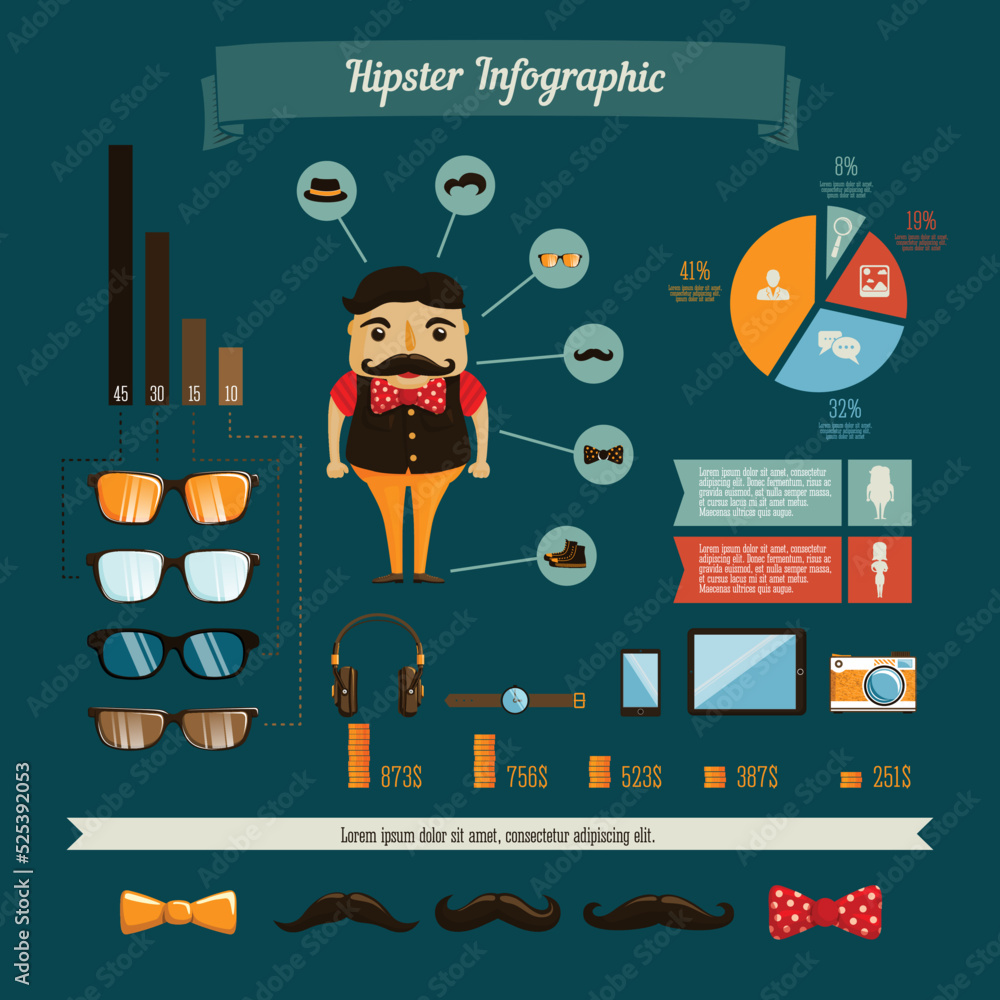 Hipster infographics elements set with geek boy charts and graphs ...