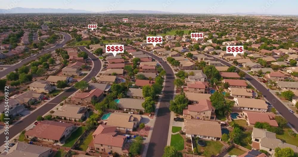An aerial establishing shot of a typical Arizona residential ...