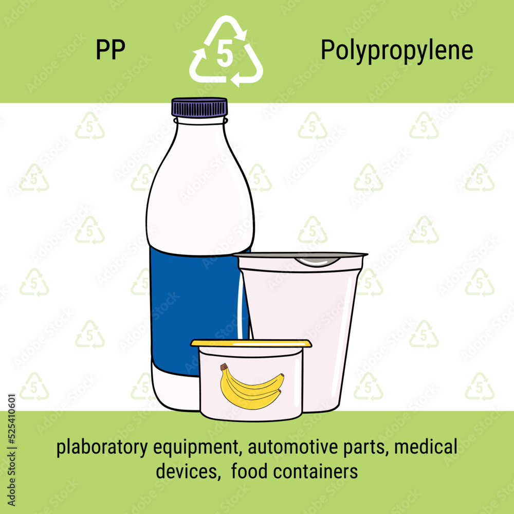 Infographic of recycling code for PP plastic. Polypropylene is polymer ...