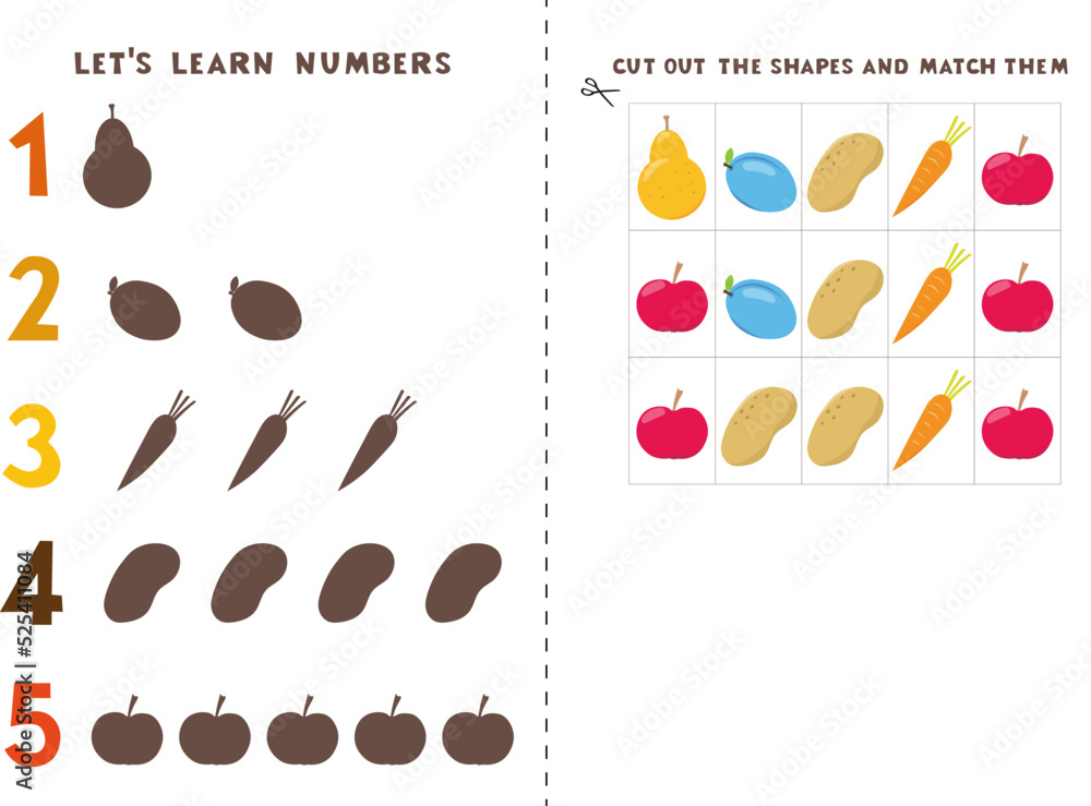 Counting game with fruit and vegetables. Cut and paste. Match shapes ...