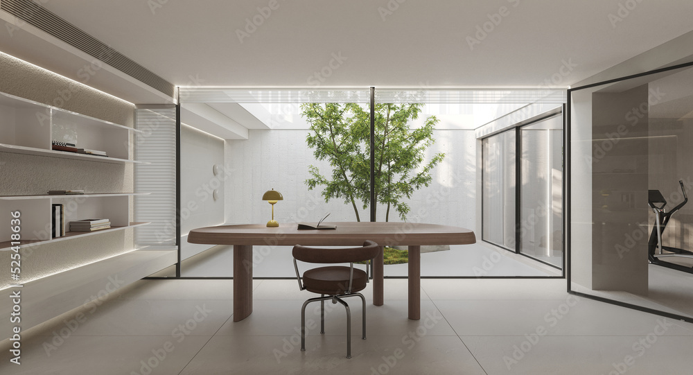 Wooden study table and breakout chair with indoor courtyard garden ...