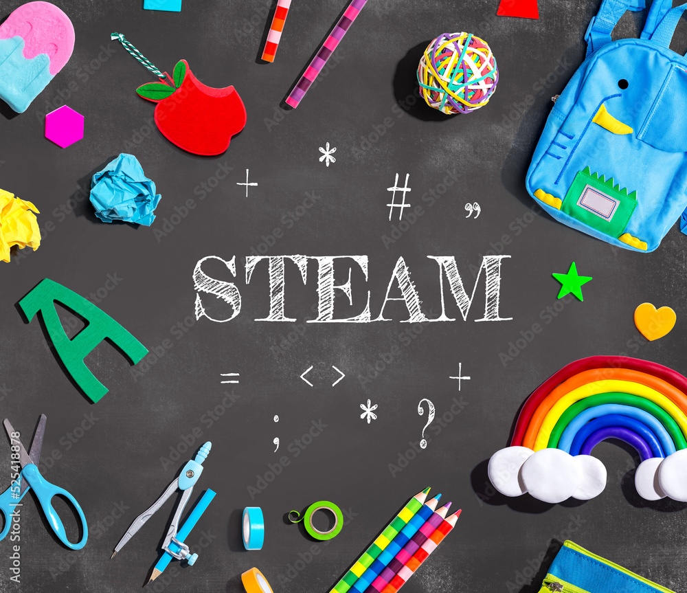 STEAM theme with school supplies on a chalkboard Stock Photo | Adobe Stock