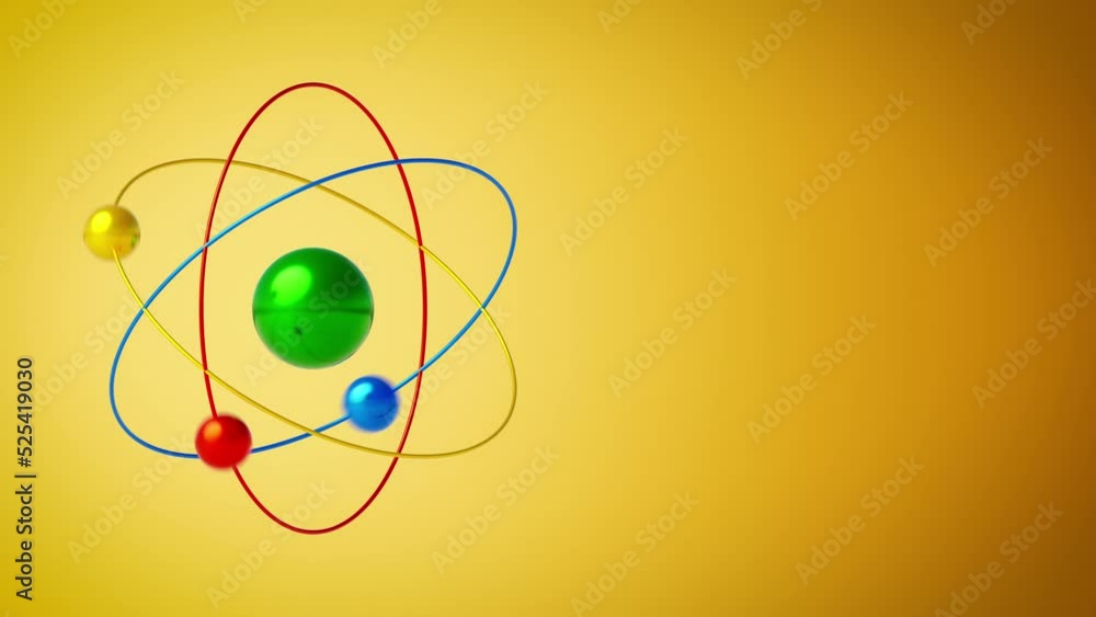 Close-up of a spinning atom on orange gradient background and copy ...