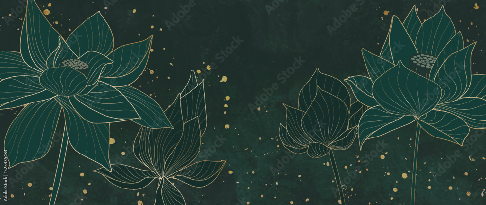 Dark art background with lotus flowers in golden line style. Hand drawn ...