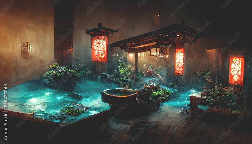 Fantasy Japanese landscape. Japanese hot springs, ancient architecture ...
