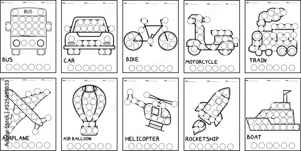 Different kinds of transportation Vehicles,Dot Markers Coloring Book ...