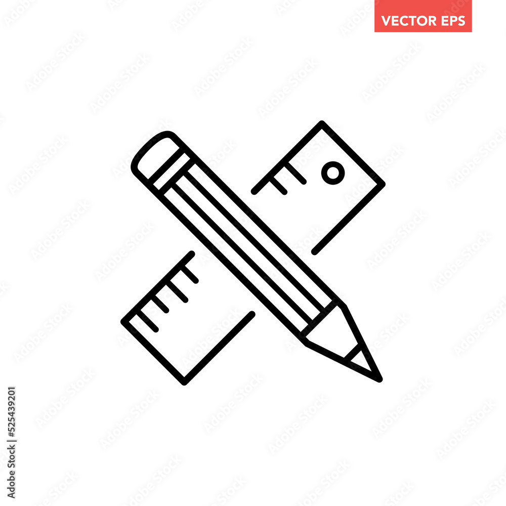 Black single crossed pencil and ruler line icon, simple outline drawing ...