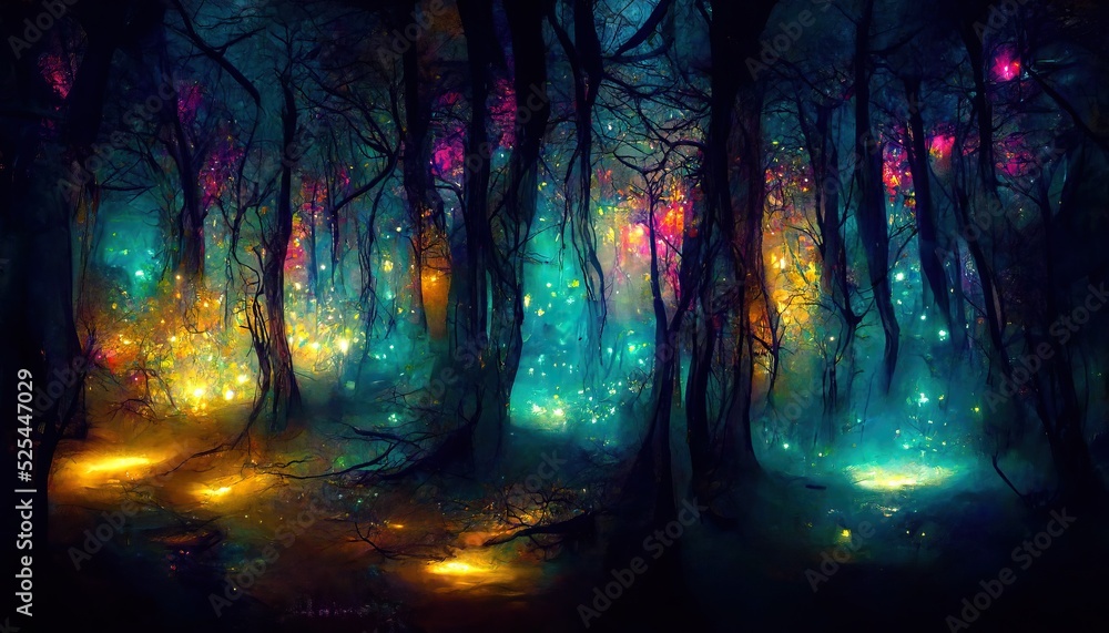 Magical fairy tale forest at night with glowing fairy fireflies lights ...