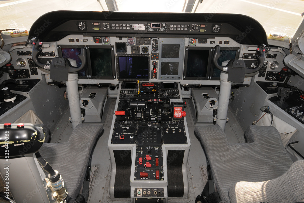 Modern turboprop airplane cockpit detail interior view Stock Photo ...