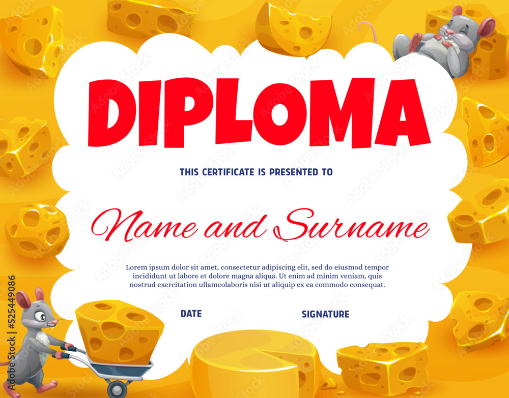 Kids diploma, maasdam, emmental cheese and cartoon mouse, vector ...
