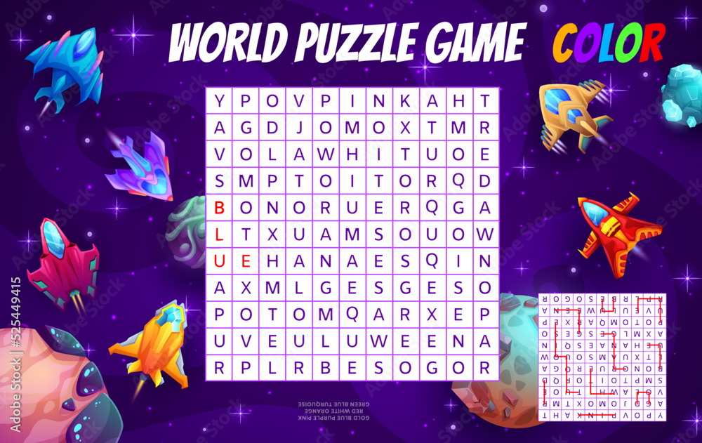Cartoon starships and space crafts in galaxy. Word search puzzle game ...