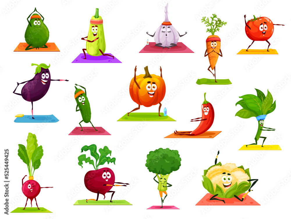 Cartoon isolated vegetable characters. Yoga and pilates fitness sport ...