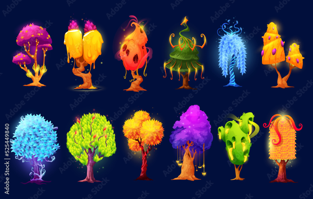 Cartoon fantasy luminous alien trees and plants. Isolated vector magic ...
