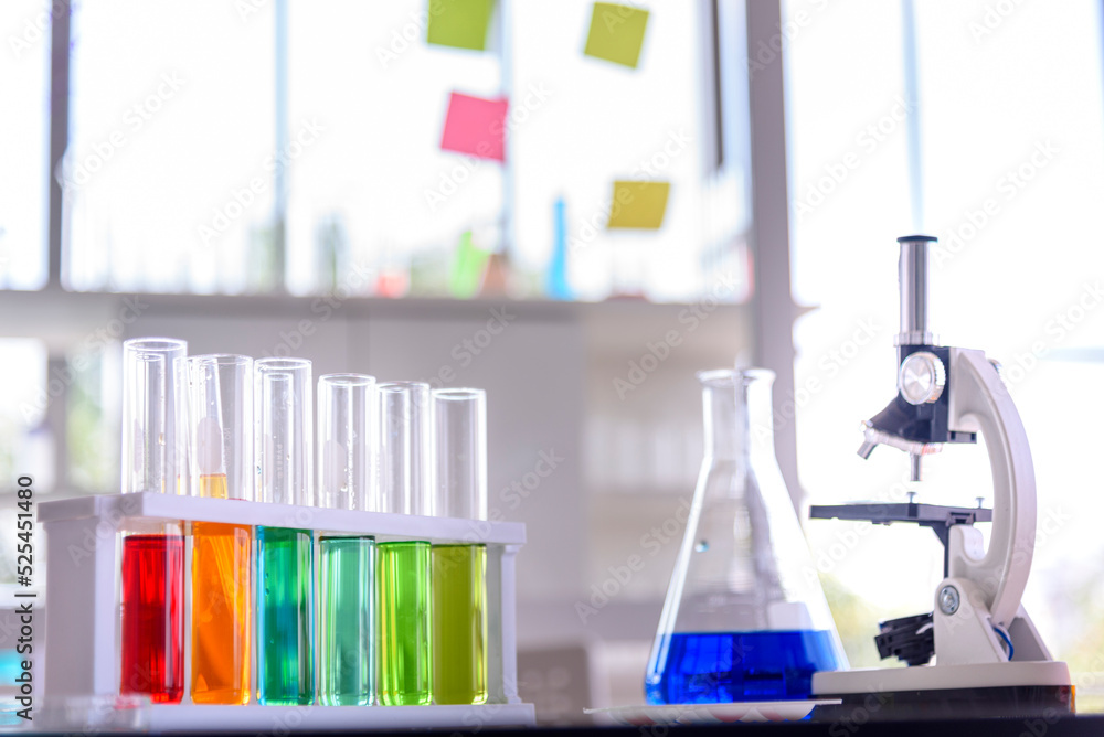 Science chemistry glass tubes objects on lab background. Liquid tube ...