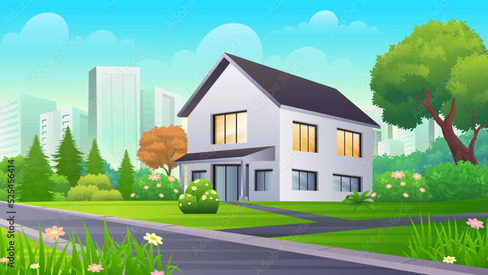 Modern house with beautiful green yard, street and trees. real estate ...