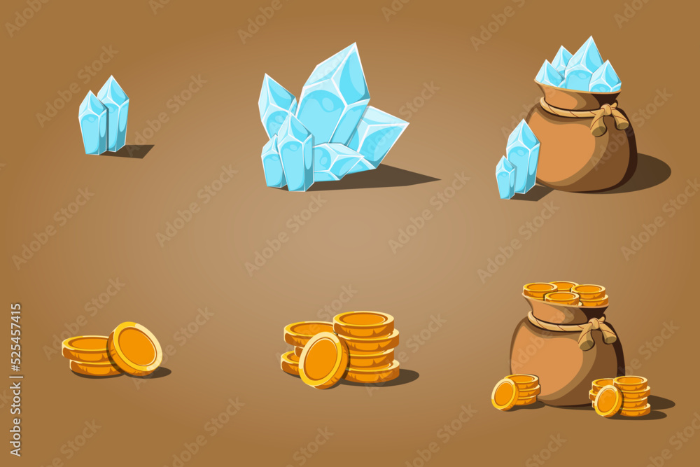 Icons crystal & coins for the game vector illustration game art Stock ...
