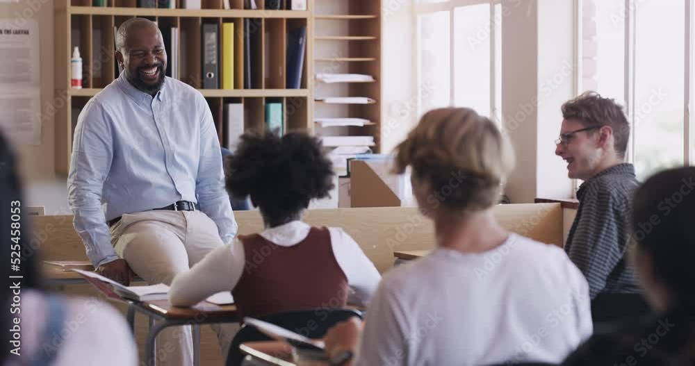 Funny school teacher and students talking, teaching and learning ...