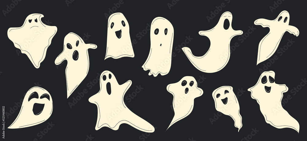 Cartoon halloween ghost, ghosted spooky spirit and mysterious phantoms ...