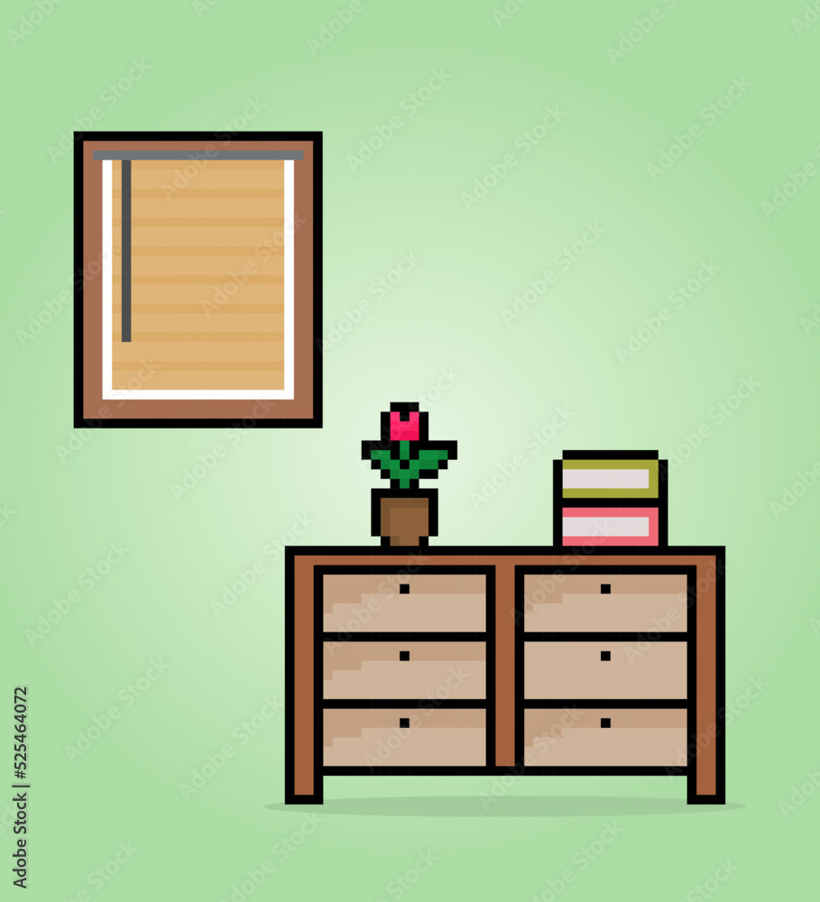 Vecteur Stock 8 bit pixel wooden desk and window in vector illustration ...