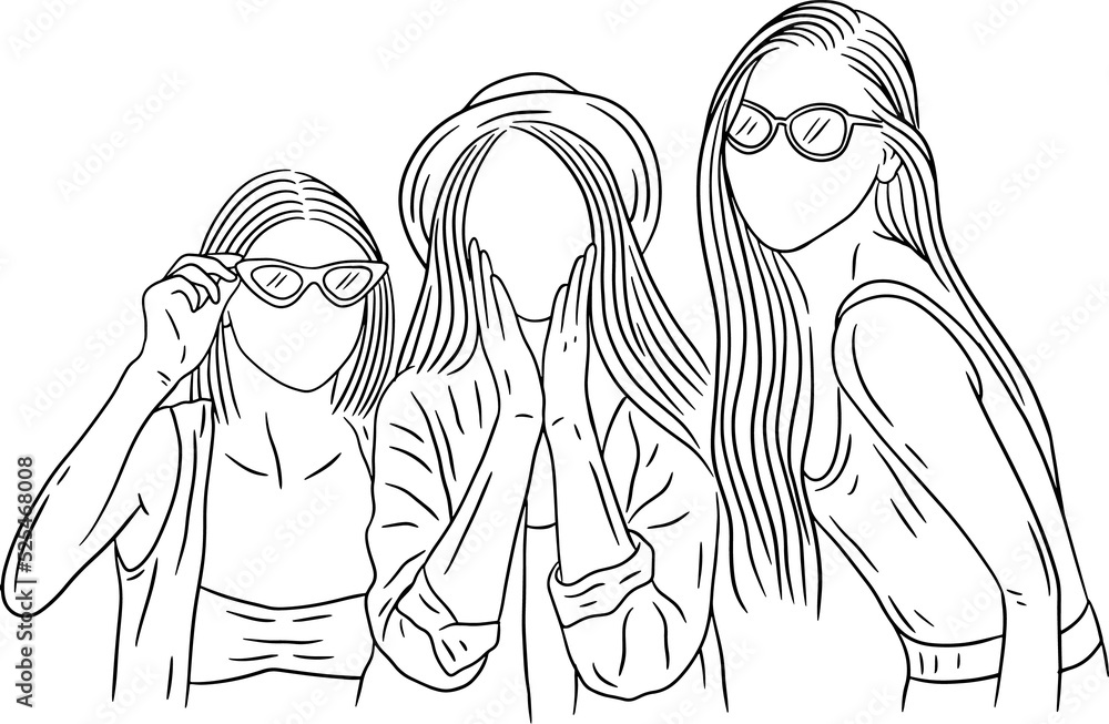 Happy Women group Girl Best Friend love line art hand drawn style ...