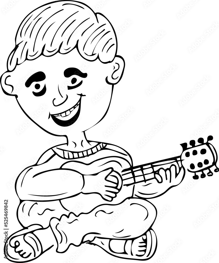 Kid playing guitar doodle, young boy with guitar in hand in sitting ... Kid playing guitar doodle, young boy with guitar in hand in sitting ...